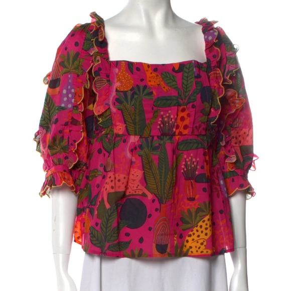 Tops | Farm Rio Blouse Pink Floral Print Scalloped Pleated Accents ...